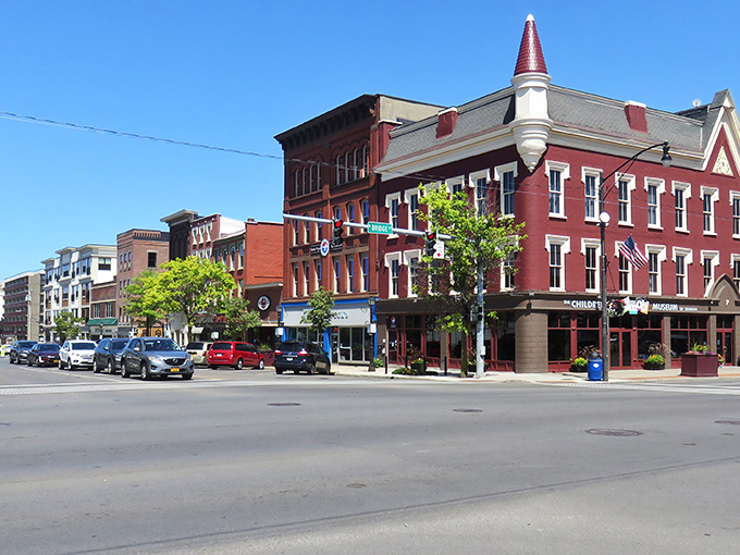 Oswego's distinctive architecture features those delightful corner turrets that make you wonder if a fairy tale princess might appear at any moment.