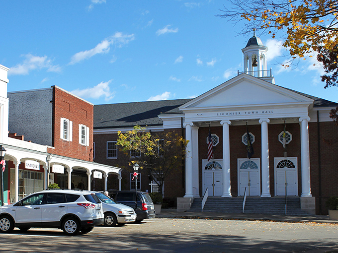Ligonier Town Hall stands proudly like a miniature White House, complete with columns that practically demand a presidential wave.