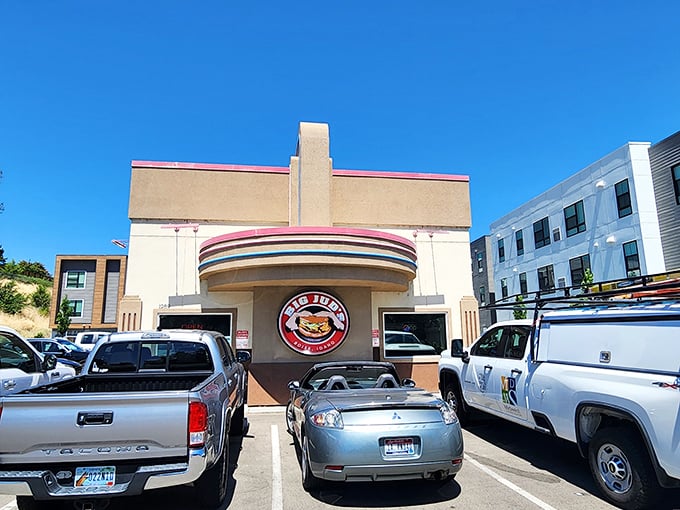 The retro-styled exterior of Big Jud's beckons burger enthusiasts like a meaty lighthouse guiding hungry ships to shore.