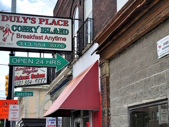 The unassuming brick exterior of Duly's Place hides culinary treasures within. That vintage sign has been guiding hungry Detroiters to happiness for generations.