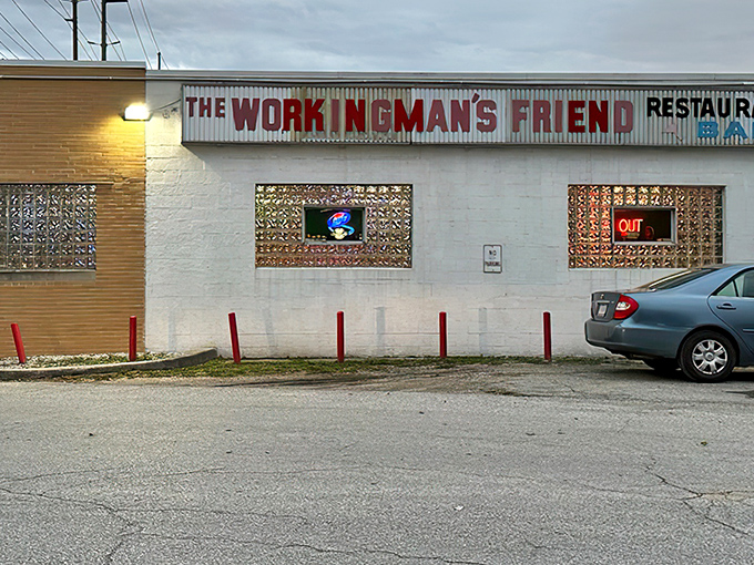 The unassuming exterior of The Workingman's Friend stands as a time capsule on Indianapolis's west side. No fancy frills, just the promise of burger perfection within.