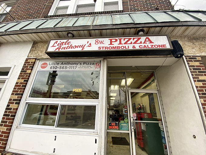 Little Anthony's exterior glows with promise as evening approaches, a beacon of comfort food that's been satisfying Media locals for generations.