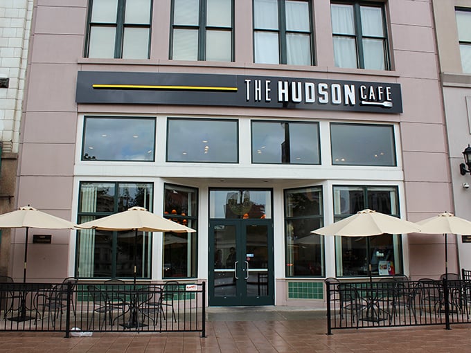 The sleek exterior of The Hudson Cafe stands like a beacon for breakfast enthusiasts in downtown Detroit, promising morning miracles inside.