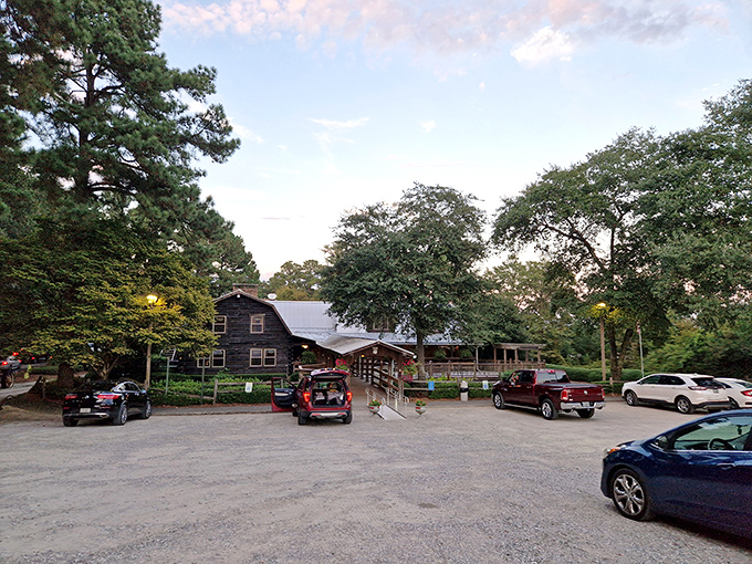 The rustic log cabin exterior of Sconyers Bar-B-Que stands like a barbecue beacon among Georgia pines, promising smoky delights within.
