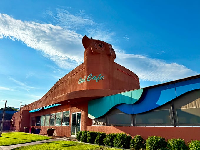 The Owl Cafe's iconic building isn't just architecture &ndash; it's a promise of comfort food that stands out against the New Mexico sky like a delicious mirage.