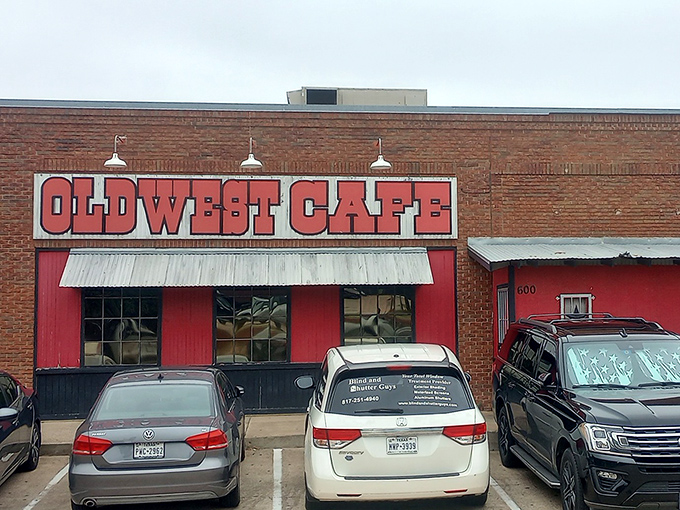 That bold red storefront isn't shy about announcing breakfast paradise, tucked between everyday strip center neighbors like a delicious secret.