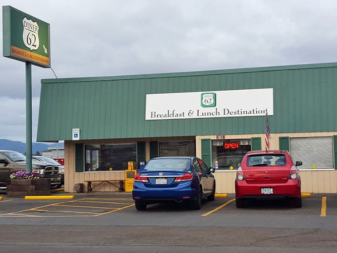 The green exterior of Diner 62 stands like a beacon of breakfast hope along Highway 99, promising comfort food salvation to hungry travelers.