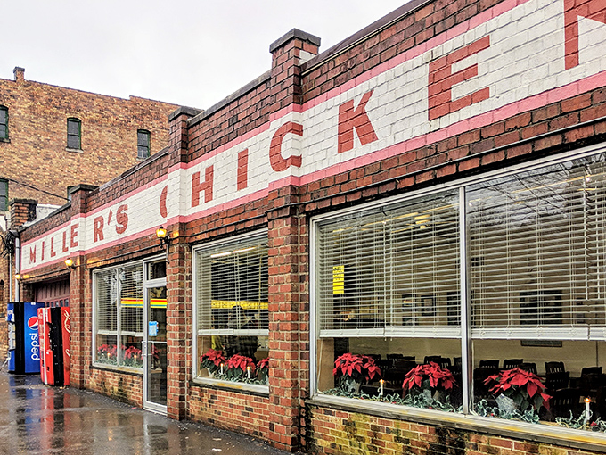 Rain or shine, Miller's Chicken's weathered brick exterior and classic Pepsi machine have welcomed hungry Ohioans seeking crispy comfort food since 1947.