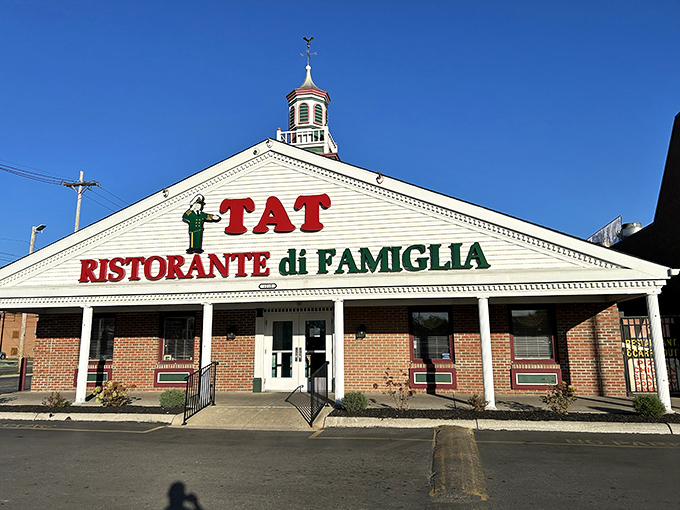 The iconic white facade of TAT Ristorante Di Famiglia stands proudly against the Ohio sky, like a beacon calling hungry travelers home.