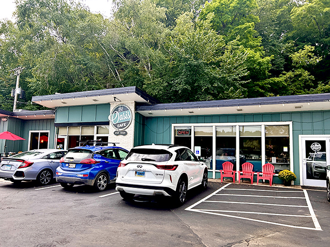 The unassuming turquoise exterior of Oasis Cafe hides culinary treasures that locals have been quietly enjoying for years. Minnesota's best-kept secret sits nestled among the trees.