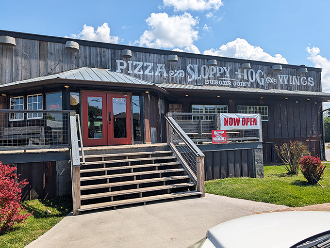 The rustic wooden exterior of Sloppy Hog Burger Joint promises exactly what Tennessee comfort food should be—unpretentious, welcoming, and worth the drive.
