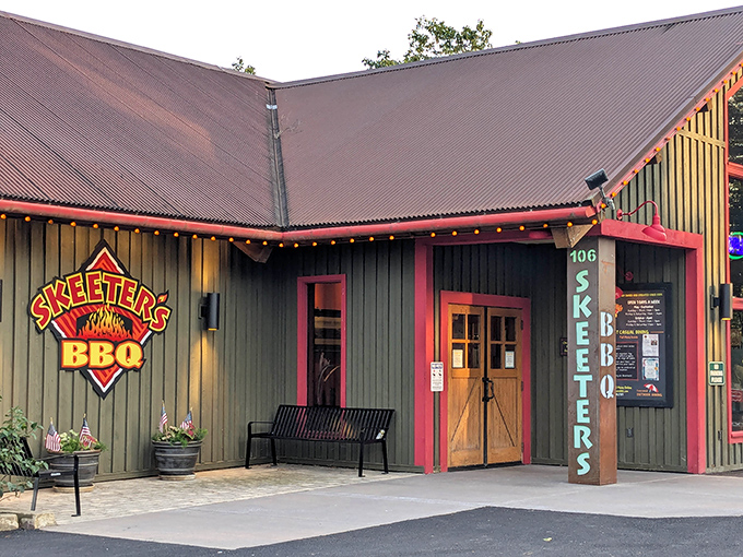 The rustic charm of Skeeter's BBQ exterior beckons like a barbecue lighthouse, complete with string lights that guide hungry travelers to smoky paradise.