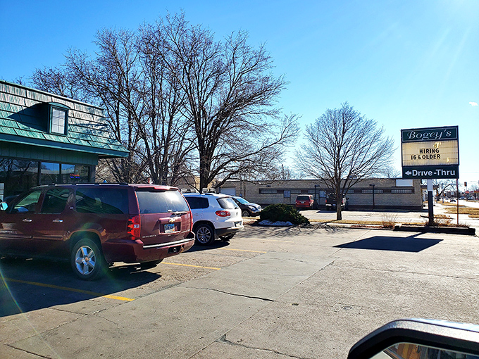 Welcome to burger paradise, where the building itself promises good things are waiting inside for hungry travelers.