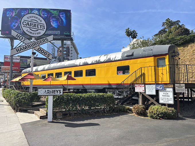 All aboard the flavor express! Carney's sunshine-yellow train car on Sunset Boulevard stops traffic and starts appetites with equal efficiency.