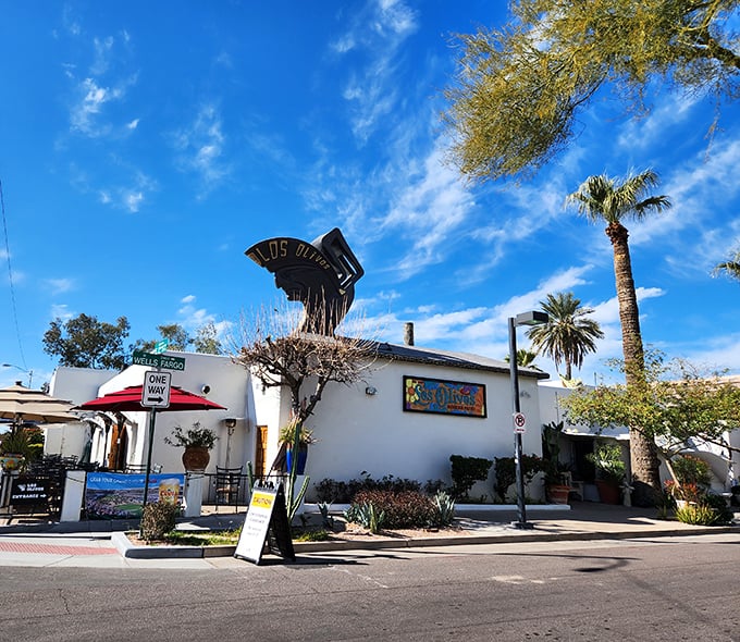 That iconic Los Olivos sign against the blue Scottsdale sky promises authentic Mexican flavors that have stood the test of time.