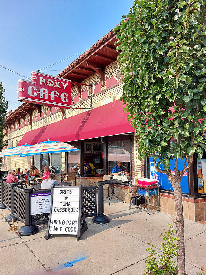 The iconic red awning and vintage neon sign of Roxy Cafe stand as a beacon of breakfast hope in downtown Jackson. No fancy frills needed when the food speaks this loudly.