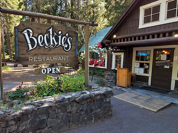 The classic wooden exterior whispers promises of homemade comfort food and legendary pies within.