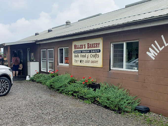 The unassuming exterior of Miller's Bakery proves once again that culinary treasures often hide in plain sight. Those red flowers aren't just decoration&mdash;they're nature's way of saying "stop here!"