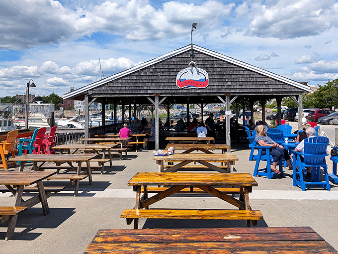 Picnic tables under open skies&mdash;where conversations flow as freely as the ocean breeze and seafood memories are made.