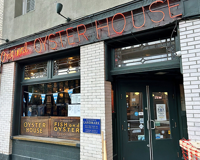 The iconic neon sign of the Original Oyster House glows like a beacon for seafood lovers. Pittsburgh's oldest restaurant still knows how to make an entrance.