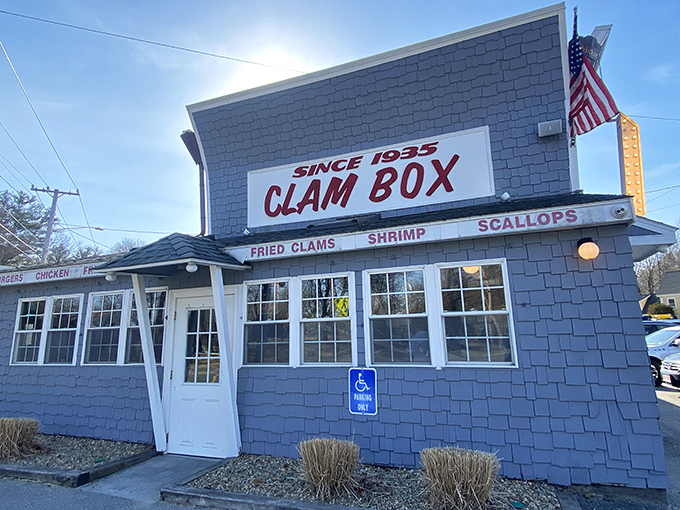 The iconic Clam Box building isn't just a restaurant—it's architectural poetry dedicated to fried seafood perfection, standing proudly on Route 133 like a delicious landmark.