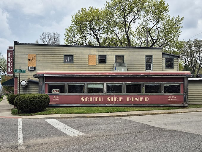 The iconic red exterior of South Side Soda Shop & Diner stands as a beacon of hope for hungry travelers. Time seems to slow down as you approach this Goshen landmark.