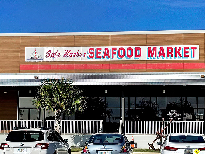 The unassuming exterior of Safe Harbor Seafood Market promises no frills, just thrills for your taste buds. That lone palm tree is Florida's subtle way of saying "seafood paradise ahead."
