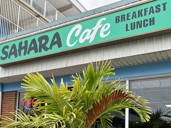 The bright turquoise sign beckons hungry beachgoers like a breakfast lighthouse amid Ocean City's salty air.