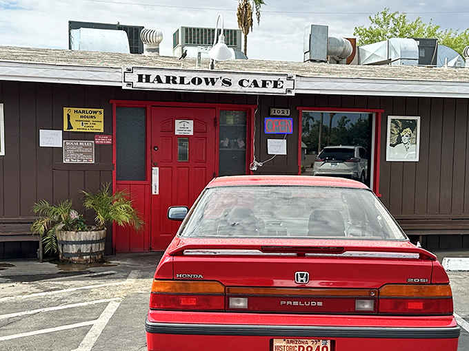 The iconic red door of Harlow's Cafe stands as a beacon for breakfast lovers in Tempe. Some architectural decisions just scream "good food inside!"