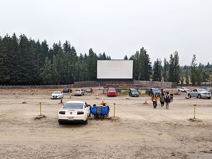 Cars gather under the twilight sky, their headlights dimming as the massive screen awaits its moment to transport everyone to another world.