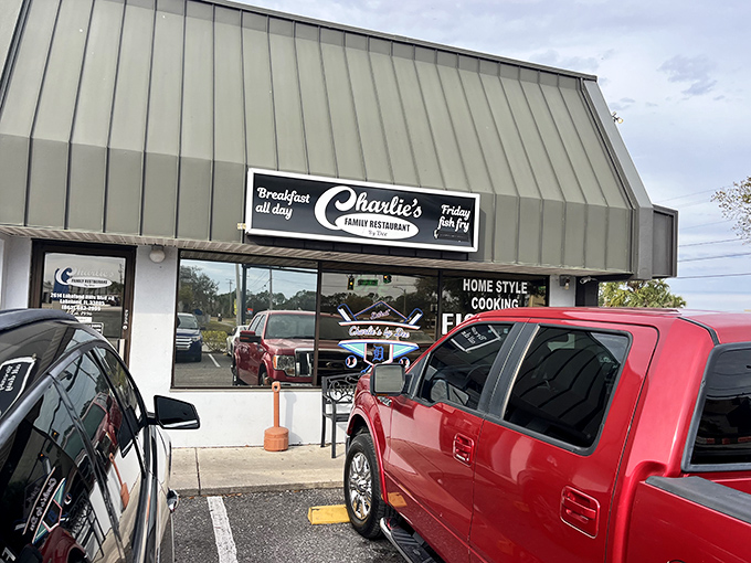 Charlie's iconic green roof and welcoming signage promise two Florida essentials: "Breakfast all day" and "Friday fish fry" &ndash; the local equivalent of striking culinary gold.