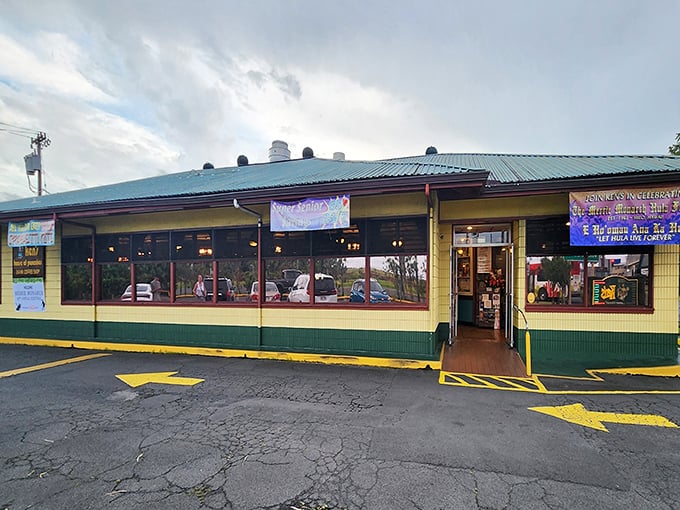 That cheerful yellow and green exterior isn't subtle, but when you're serving pancakes 24/7, subtlety is overrated anyway.