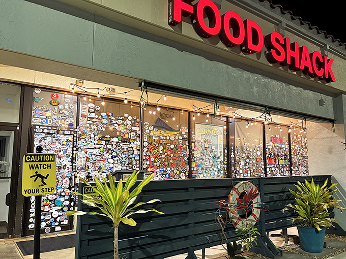 Sticker shock of the best kind! The entrance to Food Shack is a visual feast of memories from visitors who couldn't resist leaving their mark.
