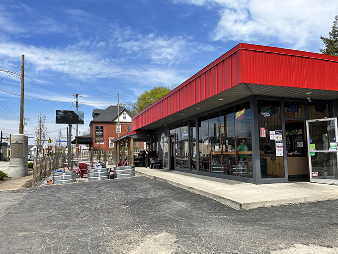 The bright red exterior of Off the Rails isn't just eye-catching&mdash;it's a beacon for barbecue lovers seeking smoky salvation in Verona.
