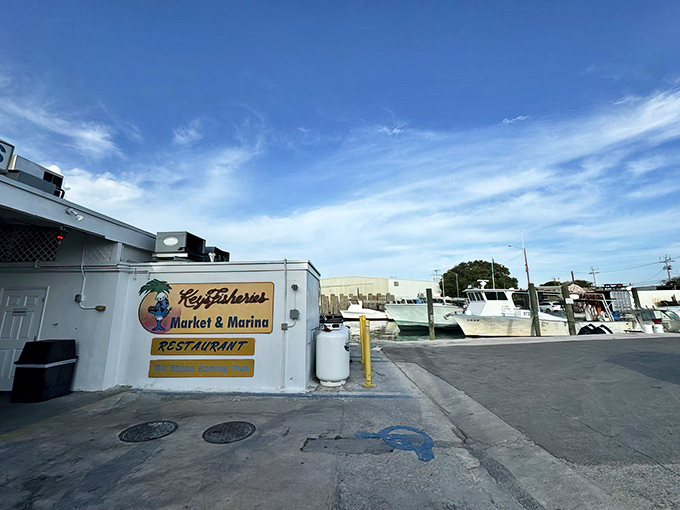 The unassuming entrance to Keys Fisheries belies the seafood treasures within. This Marathon landmark is where locals go when tourists ask, "Where do YOU eat?"