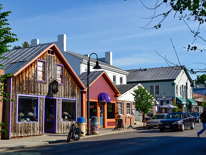 Colorful storefronts line Xenia Avenue, showcasing the town's artistic spirit. This isn't your average Main Street&mdash;it's a canvas of creativity and commerce.