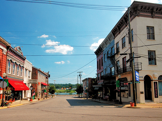 Downtown Pomeroy stretches toward the Ohio River like a living postcard. Historic buildings frame a view that hasn't changed much since riverboats were the height of transportation technology.