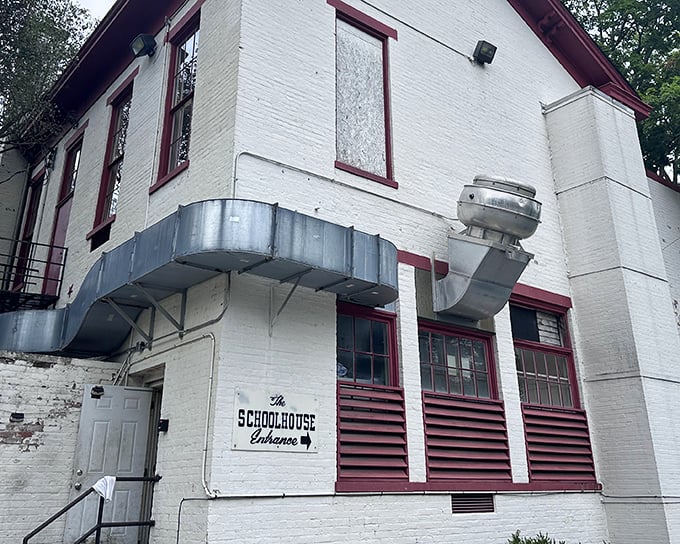 The side view reveals the Schoolhouse's practical charm &ndash; where education in flavor replaced arithmetic, and that ventilation system isn't winning beauty contests but sure delivers delicious aromas.