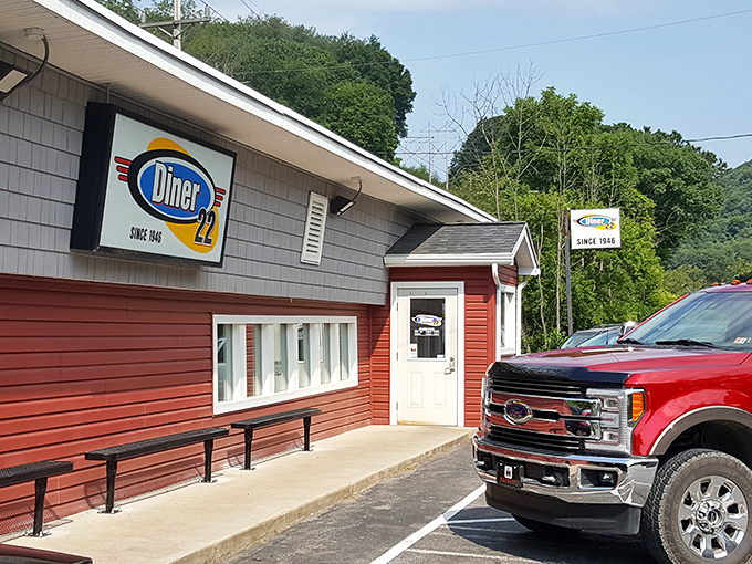 The bright red exterior of Diner 22 stands out like a beacon of hope for hungry travelers along Pennsylvania's scenic byways.