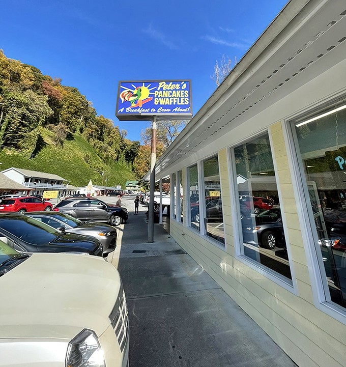 The cheerful yellow sign beckons hungry travelers like a breakfast lighthouse. Peter's Pancakes & Waffles promises "A Breakfast to Crow About" against the backdrop of Cherokee's lush mountains.