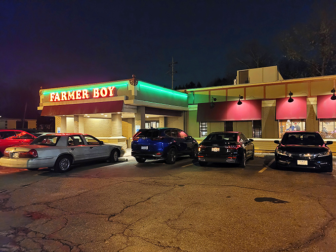 The neon glow of Farmer Boy's sign at dusk isn't just illuminating the parking lot&mdash;it's a beacon calling hungry souls home to breakfast paradise.