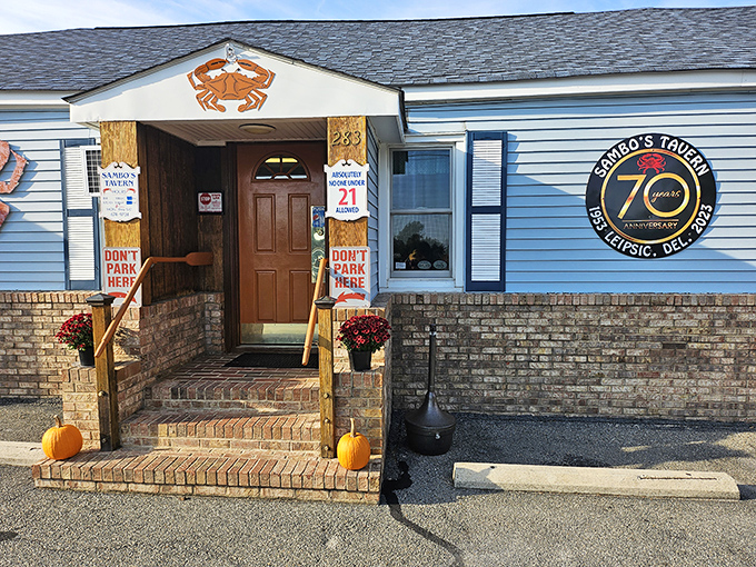 The unassuming blue exterior of Sambo's Tavern hides Delaware's seafood paradise. That orange crab on the roof? Consider it your beacon to bliss.