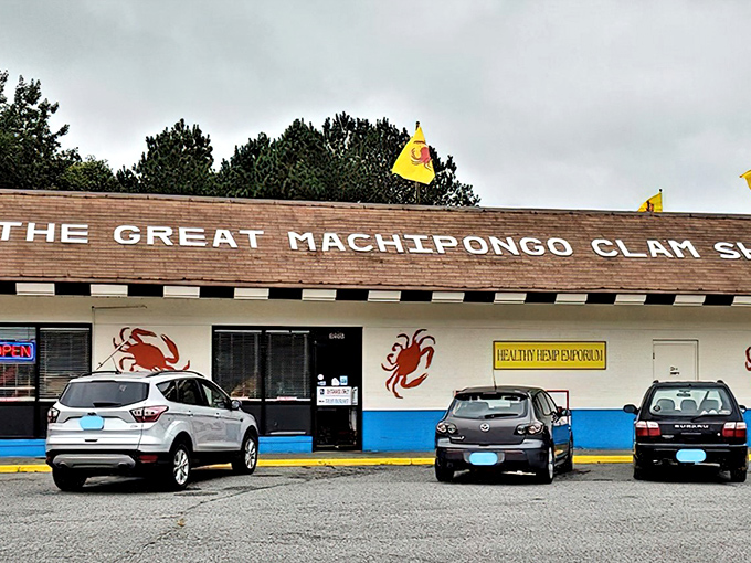Where seafood dreams come true beneath a roof that proudly announces its mission. Those crab paintings aren't just decoration&mdash;they're a preview.