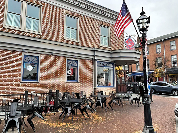 The corner brick building with its distinctive Blue & Gray sign stands like a culinary fortress on Gettysburg's historic streets, ready to welcome hungry travelers.