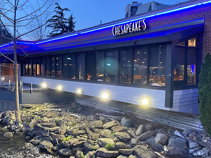 Chesapeake's iconic blue neon glow beckons seafood lovers, its streamside setting creating the perfect mountain-meets-ocean ambiance in Gatlinburg.
