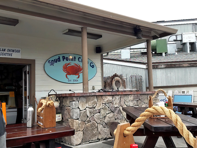 The unassuming seafood shrine that proves greatness needs no fancy facade. Just a blue crab sign, wooden picnic tables, and the promise of ocean-fresh delights.