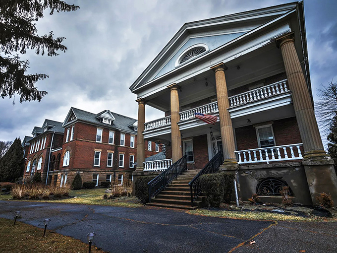 Grand columns and a sweeping staircase welcome visitors to Madison Seminary's entrance&mdash;though "welcome" might be too cheerful a word for this haunting historical landmark.