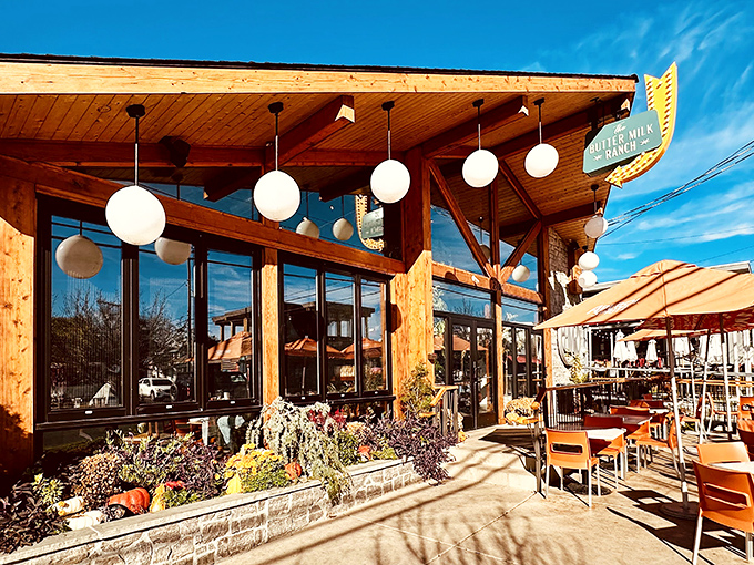 Sunshine meets rustic charm at The Butter Milk Ranch, where those globe pendant lights aren't just illuminating the patio&mdash;they're beacons for breakfast enthusiasts across Nashville.