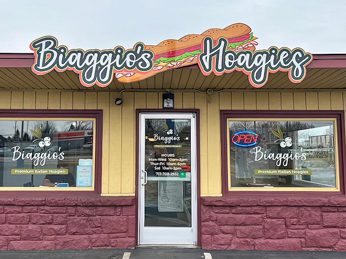 Behold the sandwich sanctuary! With its cheerful yellow walls and burgundy accents, Biaggio's stands ready to rescue you from hunger's clutches.