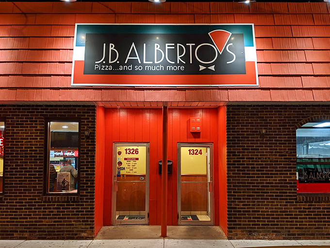 The bold red exterior of J.B. Alberto&rsquo;s shines with old-school charm, calling late-night pizza lovers to their slice of Chicago comfort.
